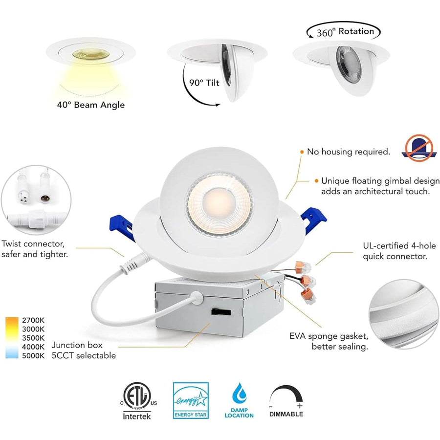 LED Canless Recessed Light 4 inch Gimbal 5CCT Dimmable Adjustable Dire